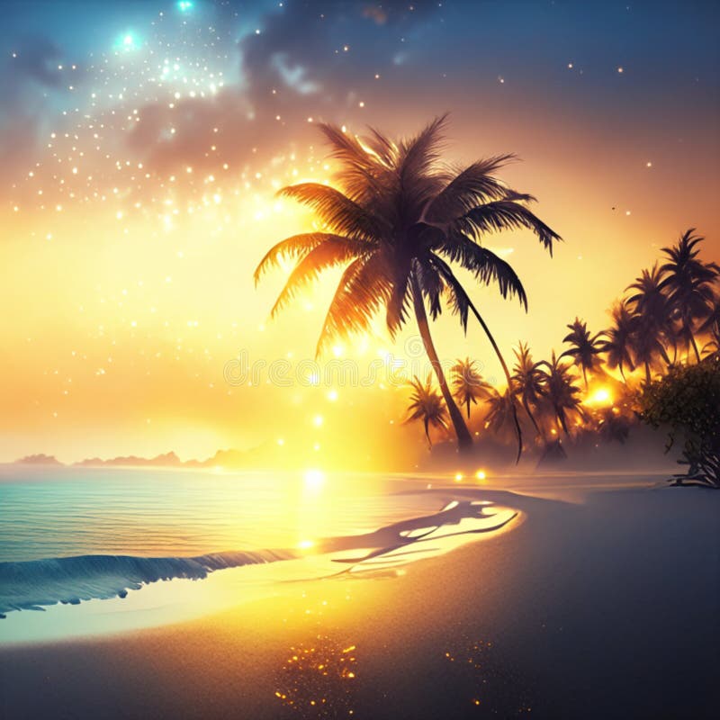 Tropical Beach at Sunset with Palm Trees. 3d Render Generative AI Stock ...