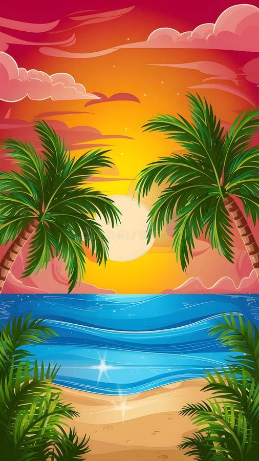 Tropical Beach Sunset With Palm Trees And Gentle Waves Serene And