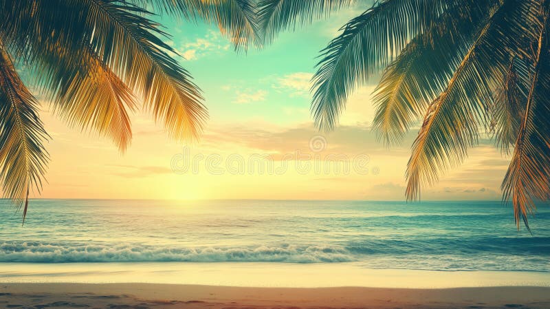 Tropical Beach Sunset with Palm Trees and Ocean Waves Stock Photo ...