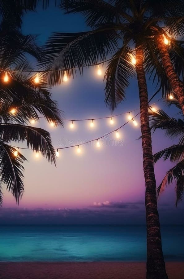 Tropical Beach Sunset with Palm Trees and String Lights Stock ...