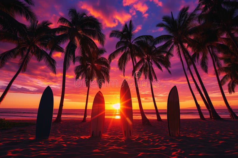 Tropical Beach Sunset with Palm Trees and Surfboards Stock Illustration ...