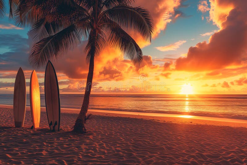 Tropical Beach Sunset with Palm Trees and Surfboards Stock Illustration ...
