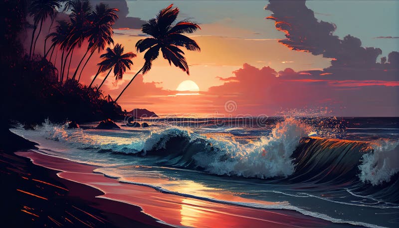 A Tropical Beach At Sunset With Palm Trees Swaying In The Breeze And