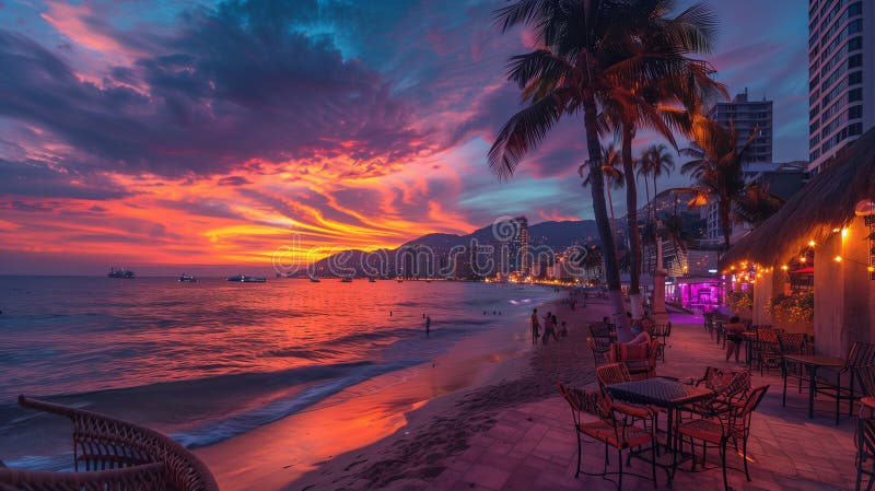 Tropical Beach Sunset with Palm Trees, Tables Stock Illustration ...