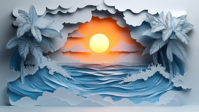 Tropical Beach Sunset in Paper Cut Art with Ocean Waves and Palm Trees ...