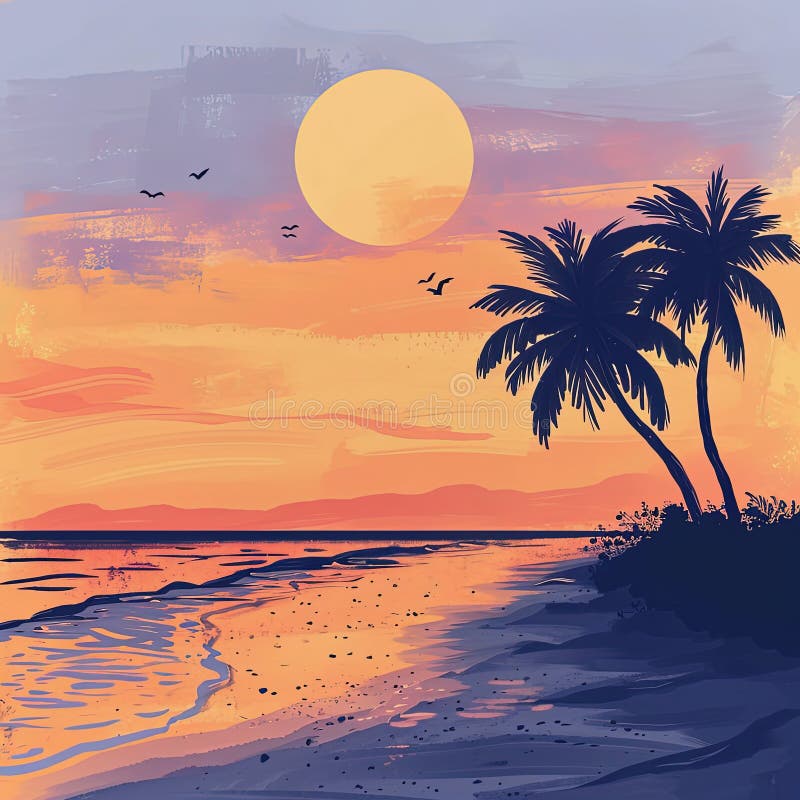 Tropical Beach Sunset Paradise Illustration with Palm Trees Stock Photo ...