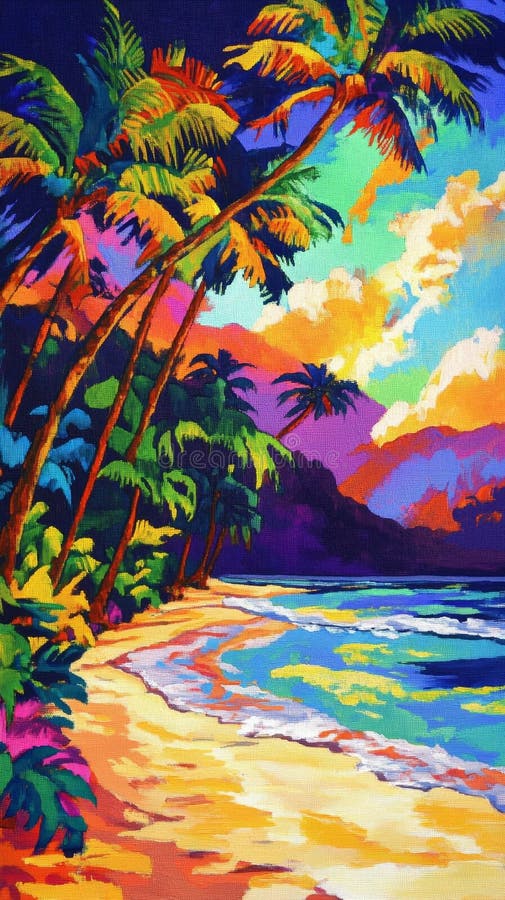 Tropical Beach Sunset Paradise Painting Stock Illustration ...
