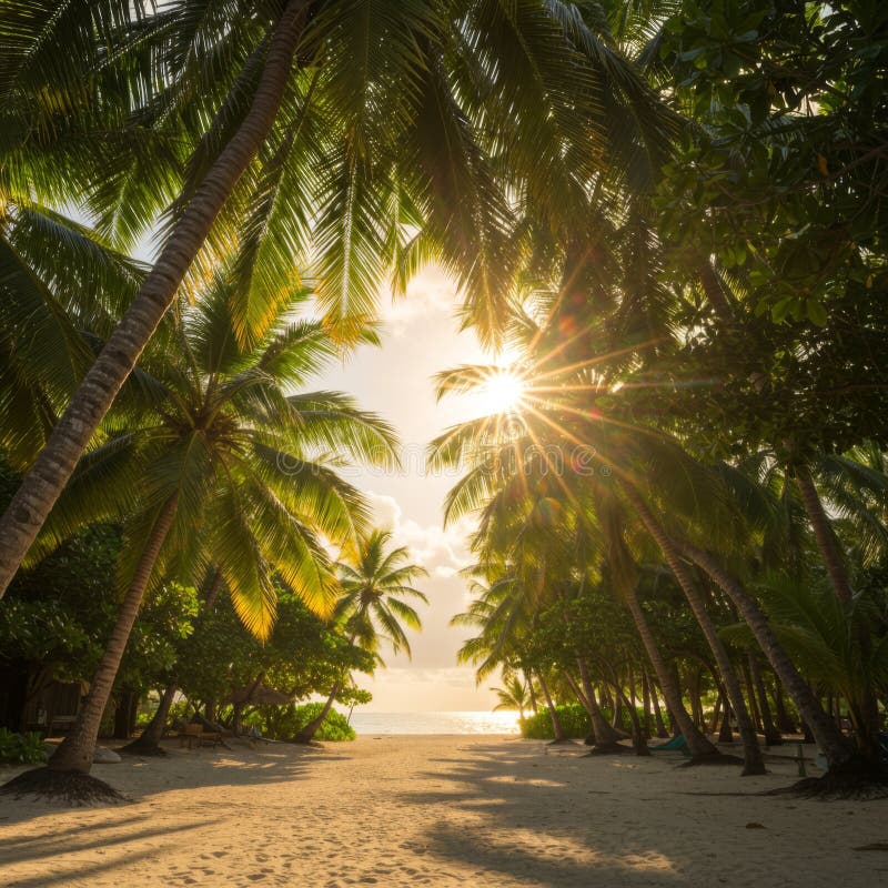 Tropical Beach Sunset Path through Palm Trees Stock Illustration ...