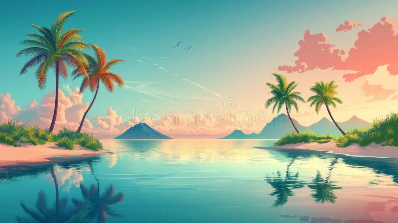 Tropical Beach Sunset Pixel Art Landscape Stock Illustration ...