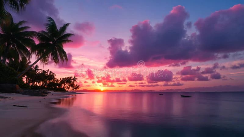 Tropical Beach at Sunset with Reflective Water and Dramatic Cloud ...
