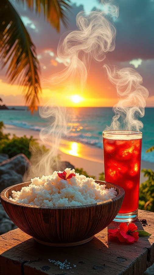 Tropical Beach Sunset with Rice and Iced Tea Highlights Relaxing ...