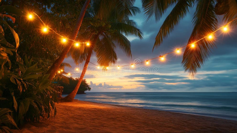 Tropical Beach Sunset with String Lights Stock Illustration - Illustration of beach, getaway ...