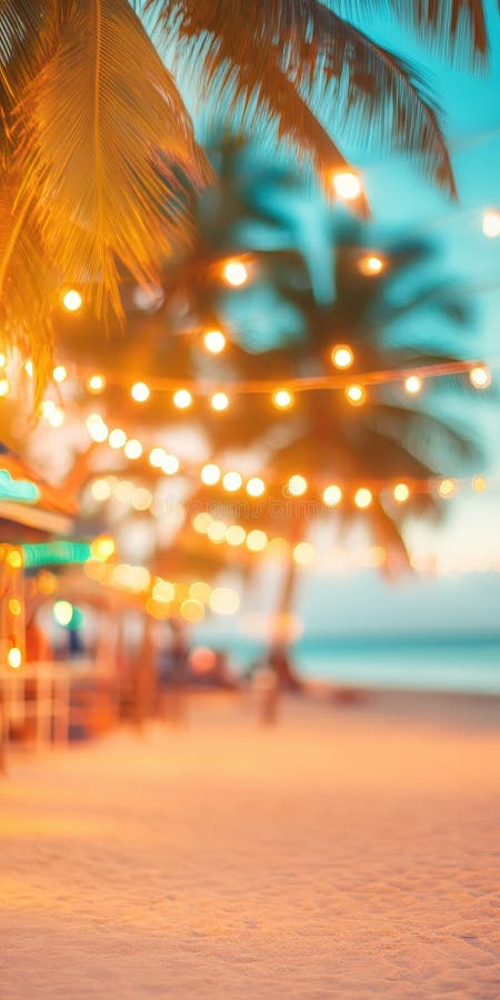 Tropical Beach at Sunset with String Lights and Palm Trees Creating a ...