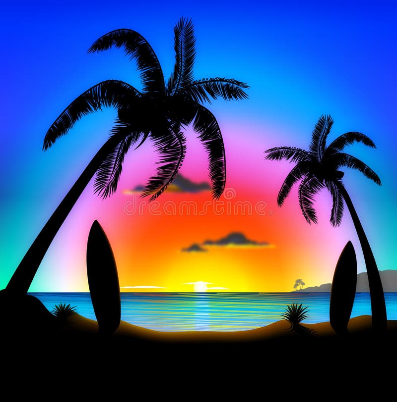 Tropical Beach at Sunset Surfing Illustration Stock Illustration ...