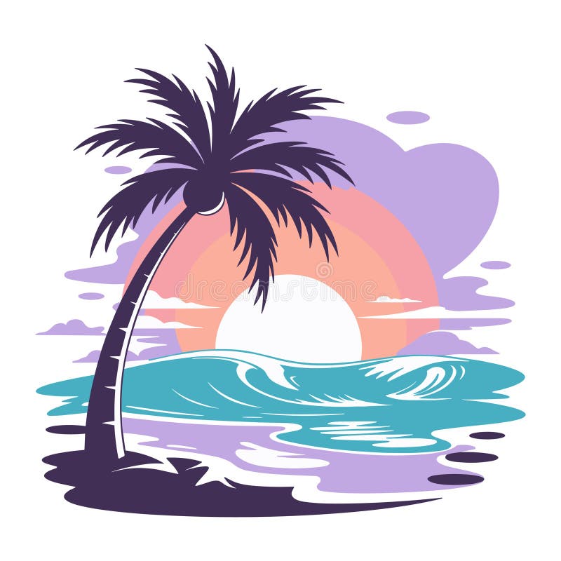 Tropical Beach Sunset Vector with Palm Tree Stock Vector - Illustration ...