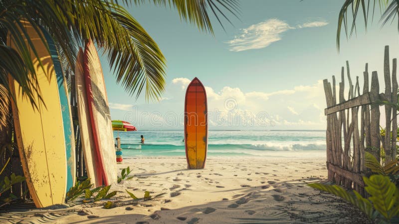 A Tropical Beach with Surfboards.AI Generated Image Stock Photo - Image ...