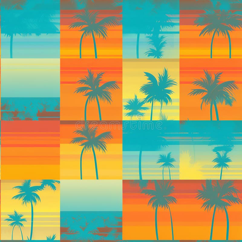 Tropical Beach Theme Seamless Pattern, Palm Trees, Sunsets, and Waves ...