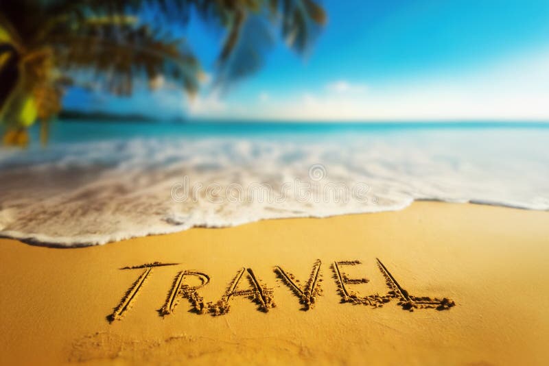 Tropical Beach with Travel Text Written in the Sand Stock Illustration ...