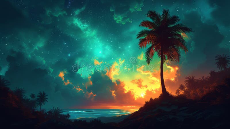 Tropical Beach Under Starry Sky at Sunset Stock Image - Image of ...