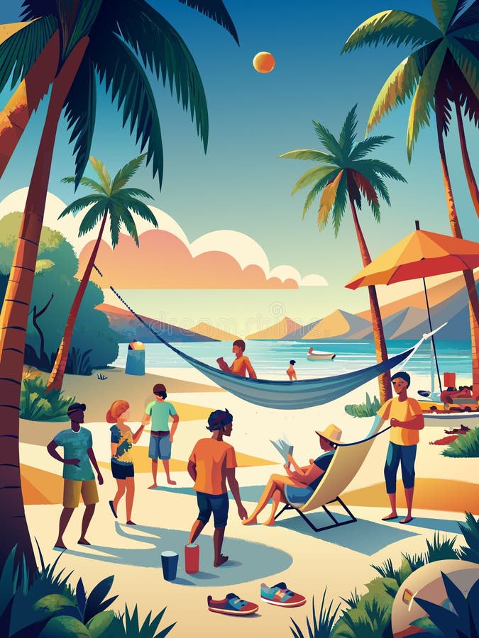 Tropical Beach Vacation Scene with Diverse People Relaxing Stock Image ...