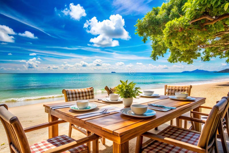 Tropical Beach Vacation Table Set with Ocean View Stock Illustration ...