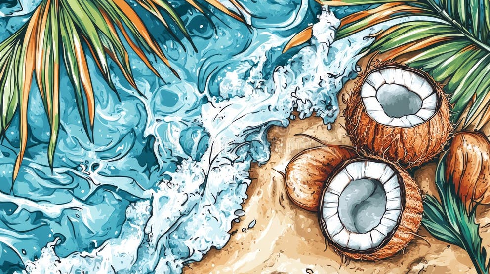 A Tropical Beach View with Four Coconuts and Palm Leaves Stock Photo ...