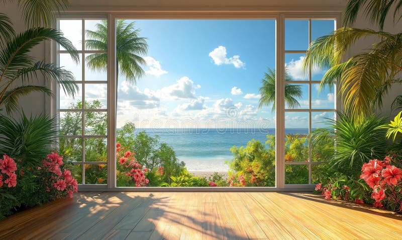 Tropical Beach View from Modern Room with Large Windows and Vibrant ...