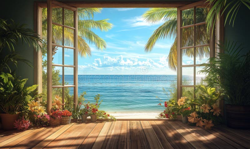 Tropical Beach View from Open Window with Lush Plants and Vibrant ...