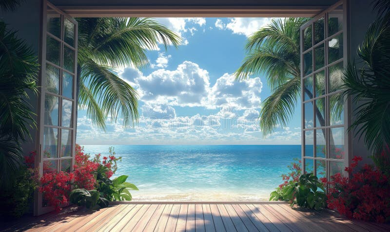 Tropical Beach View Window Vibrant Flowers Palm Trees Stock Photos ...