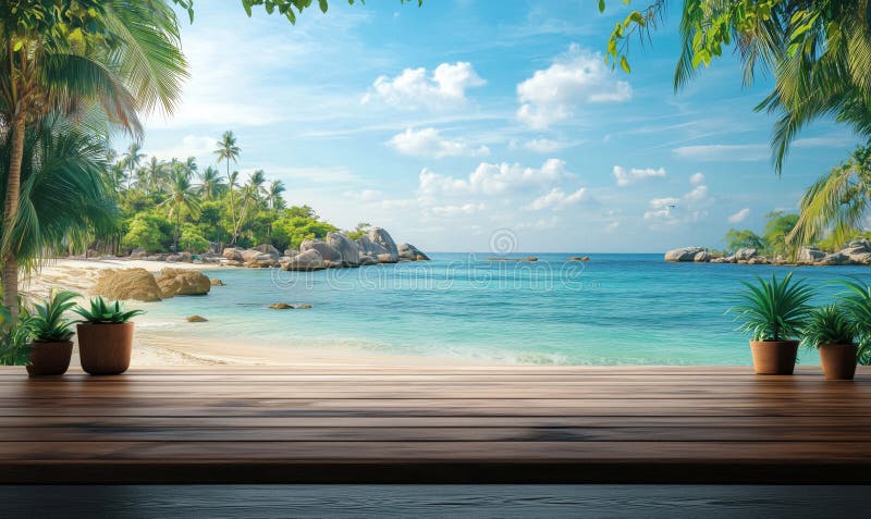 Tropical Beach View with Palm Trees, Clear Water, and Wooden Deck Stock ...
