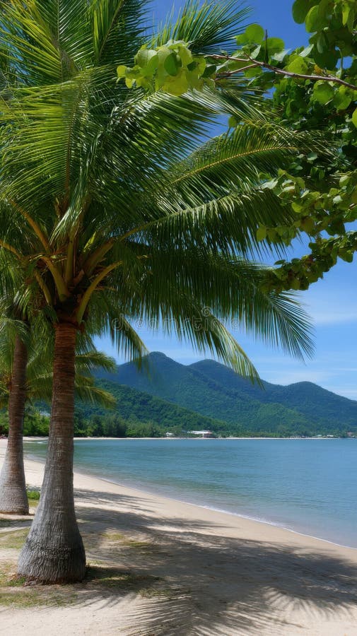 Tropical Beach View with Palm Trees, Sandy Shoreline and Mountainous ...