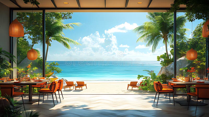 Tropical Beach View from a Restaurant with Orange Chairs and Tables ...