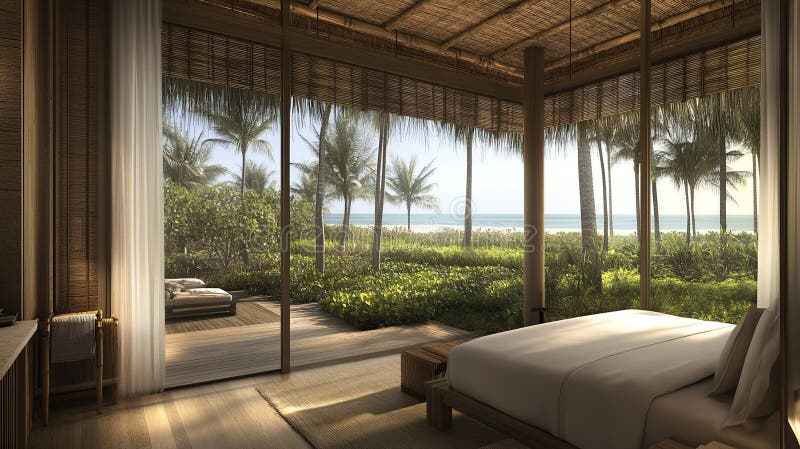 Tropical Beach Villa Bedroom Ocean View Sunrise Stock Illustration ...