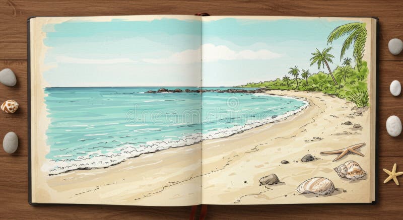 Tropical Beach Watercolor Illustration in Open Book Stock Illustration ...