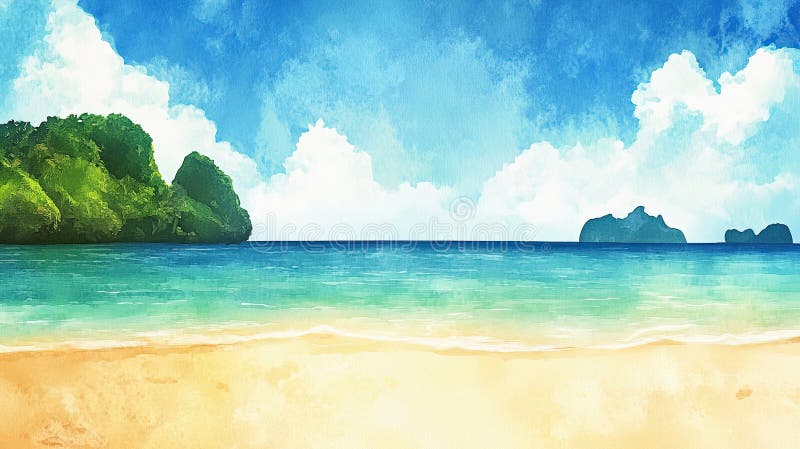 Tropical Beach Watercolor Painting Stock Illustration - Illustration of ...