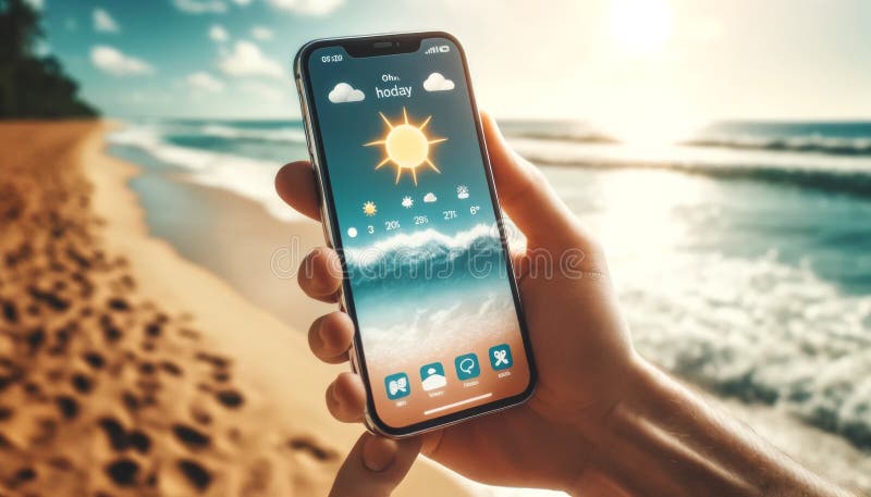Tropical Beach Weather Forecast on Smartphone Screen in Hand Stock ...