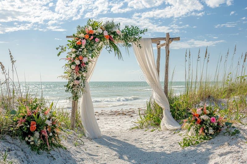 Tropical Beach Wedding Arch with Flowers and Fabric Stock Image - Image ...