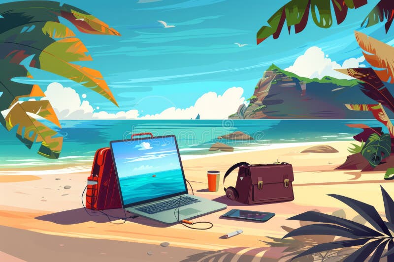 Tropical Beach Workspace for Digital Nomads, Featuring a Laptop and ...