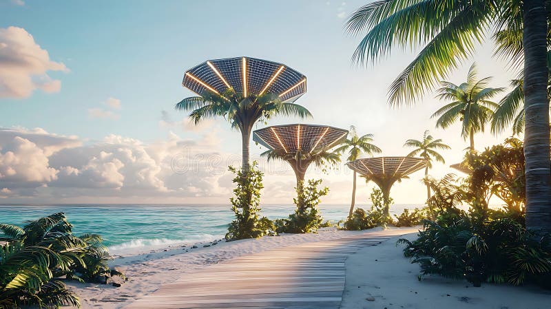 Tropical Beachfront Area with Solar Trees and Palm Trees, Creating ...
