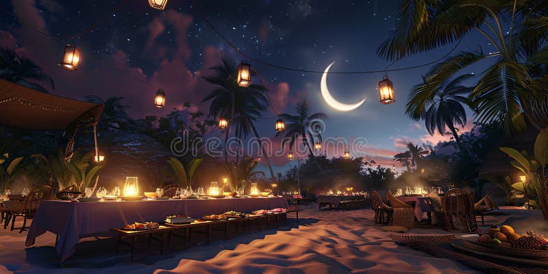 Tropical Beachfront Buffet Under the Stars Stock Image - Image of ...