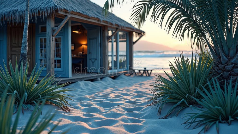 Tropical Beachfront Bungalow at Sunset Stock Photo - Image of vacation ...