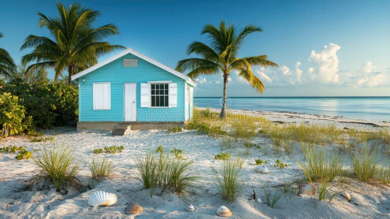Tropical Beachfront with Palm Trees and Blue Cottage Under Sunny Skies ...