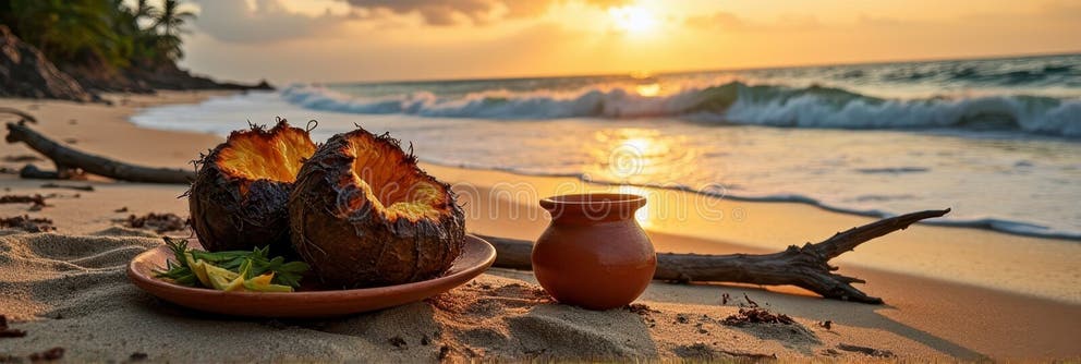Tropical Beachfront Sunset with Cooked Breadfruit and Clay Pot Stock ...
