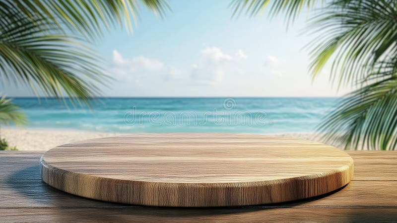 Tropical Beachfront View with Wooden Tabletop and Palm Leaves Stock ...