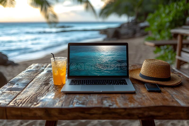 Tropical Remote Work Setup on Beach with Laptop, Straw Hat, and ...