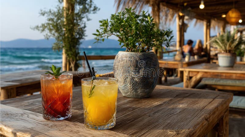 Tropical Beachside Cocktail Table with Refreshing Drinks and Ocean View ...