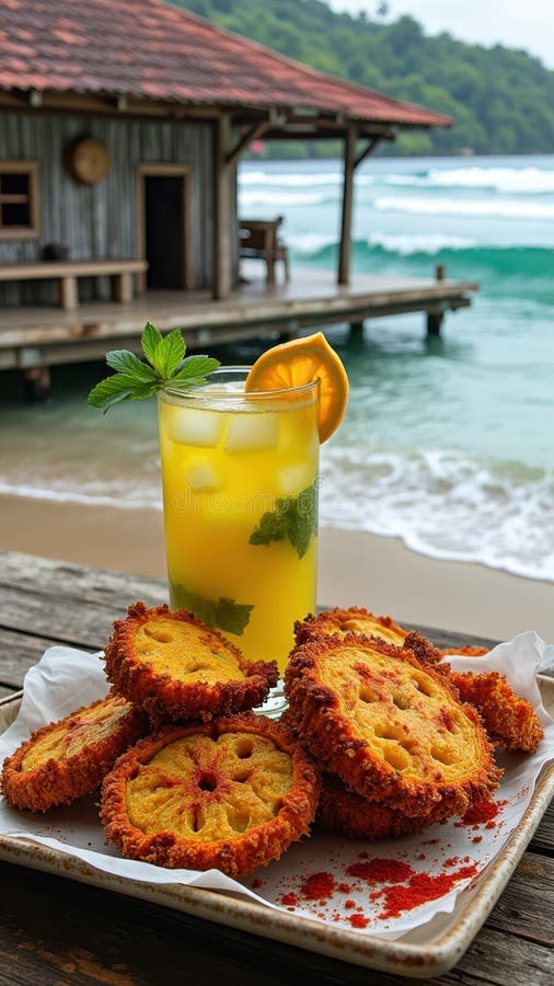 Tropical Beachside Refreshment: Orange Mint Drink and Sliced Fried ...