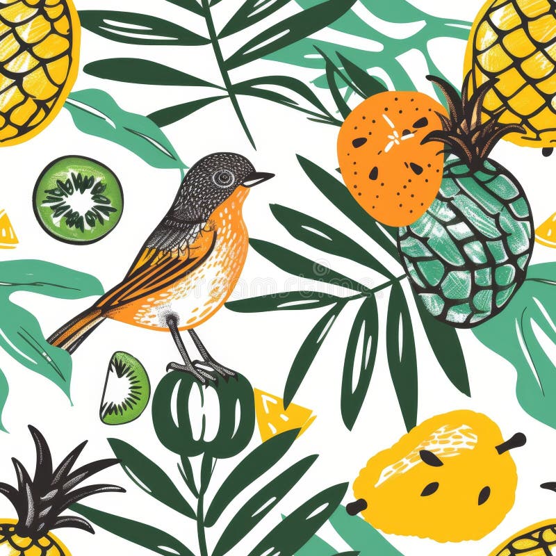 Tropical Bird and Fruit Pattern Design with Vibrant Nature Motifs Stock ...