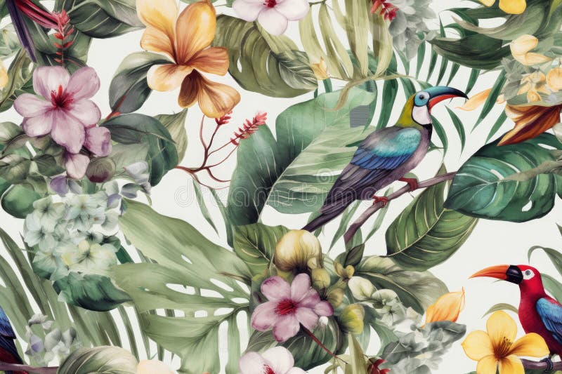 Tropical Birds in a Jungle Perfect Seamless Watercolour Repeating ...