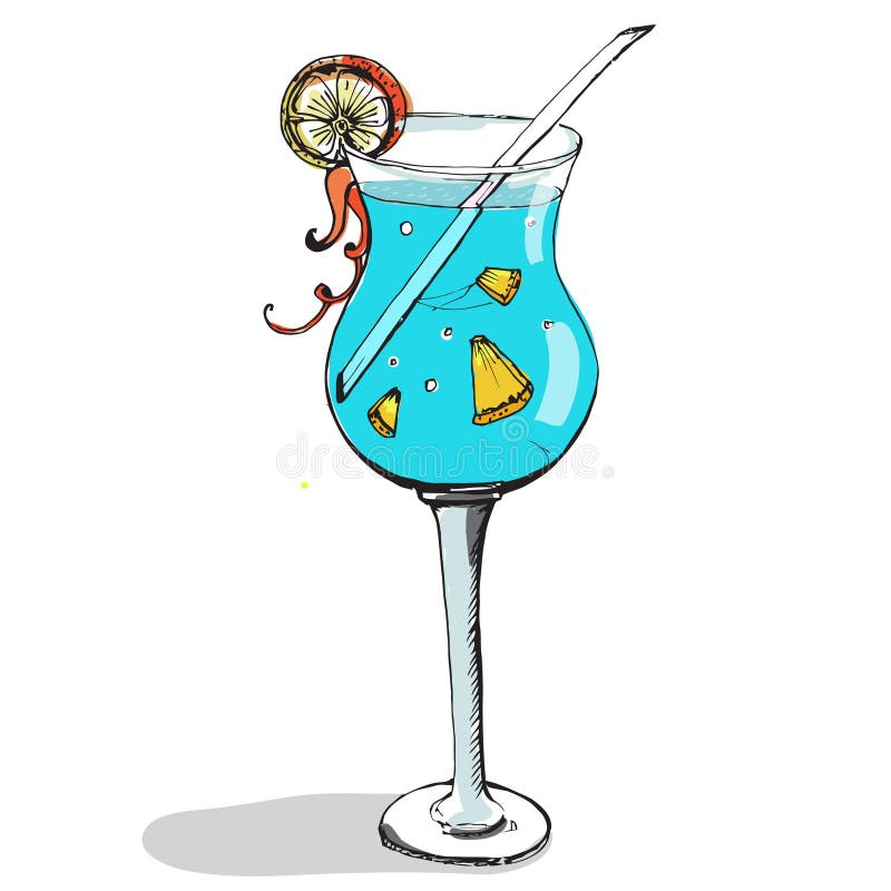 Blue Cocktail with Lime and Mint. Vector Hand Drawn Illustration Stock ...